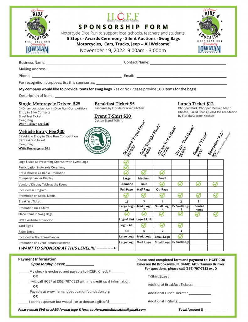 Ride 4 Education Sponsorship – Hernando County Education Foundation